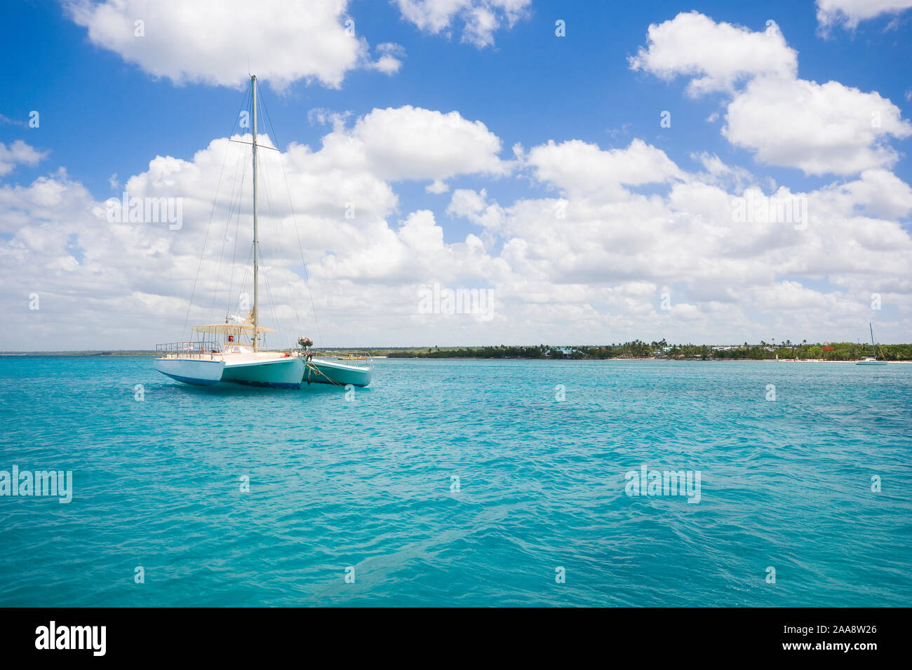 Luxury yacht anchored on turquoise water of Caribbean Sea, Dominican ...