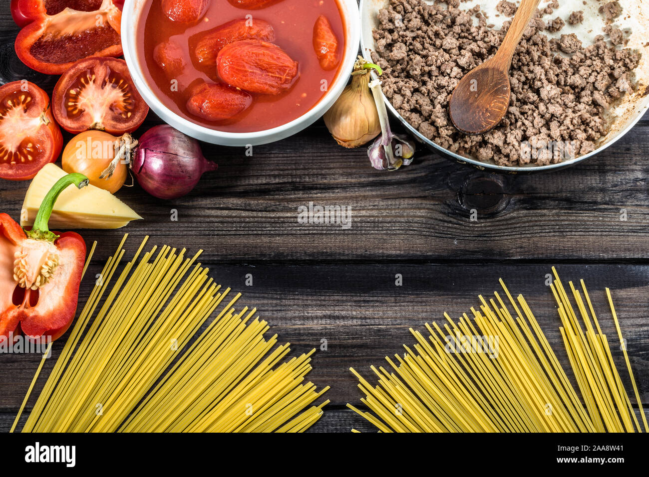 Cooking of spaghetti bolognese, italian food ingredients Stock Photo ...