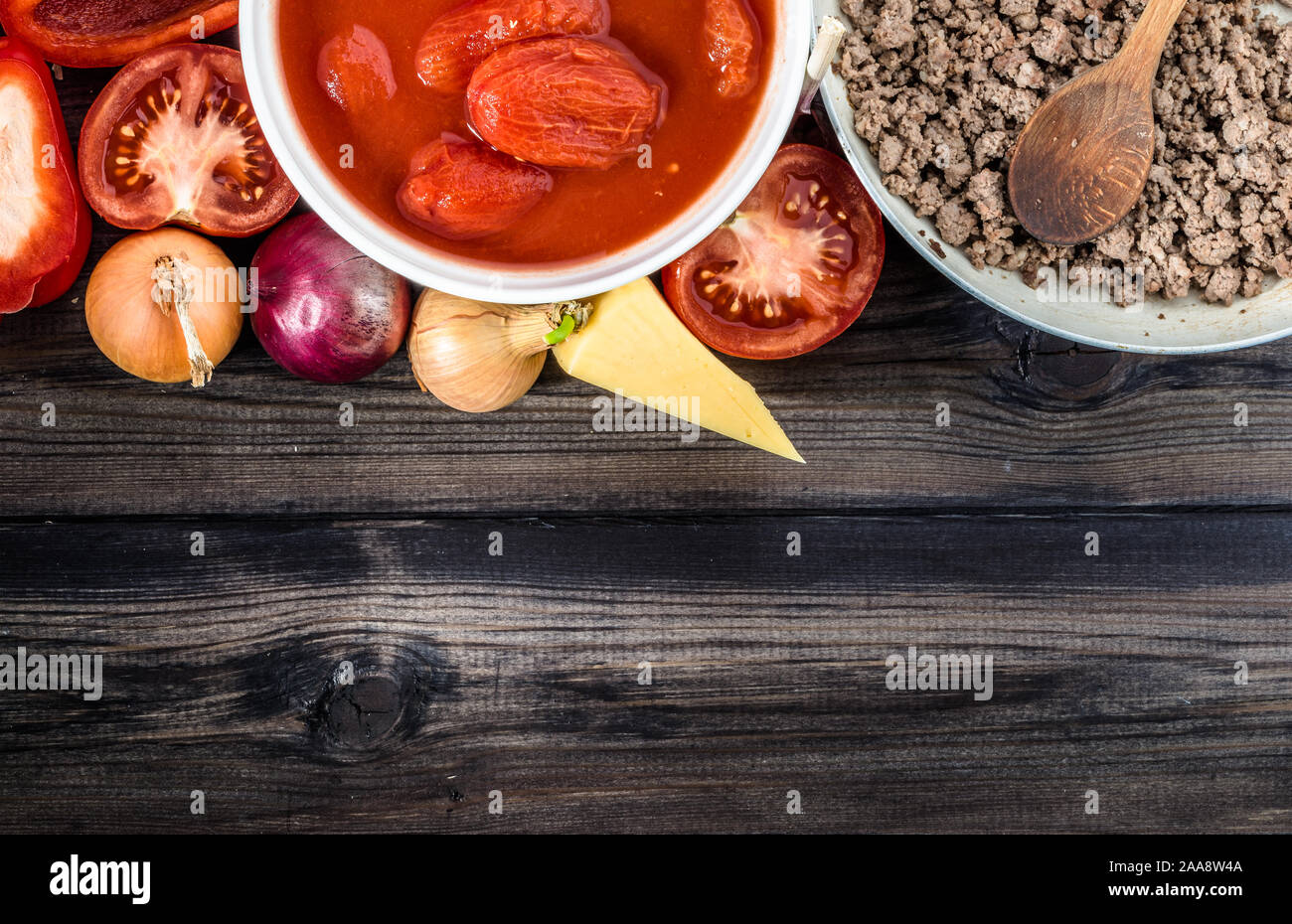 Cooking of spaghetti bolognese, italian food ingredients Stock Photo ...