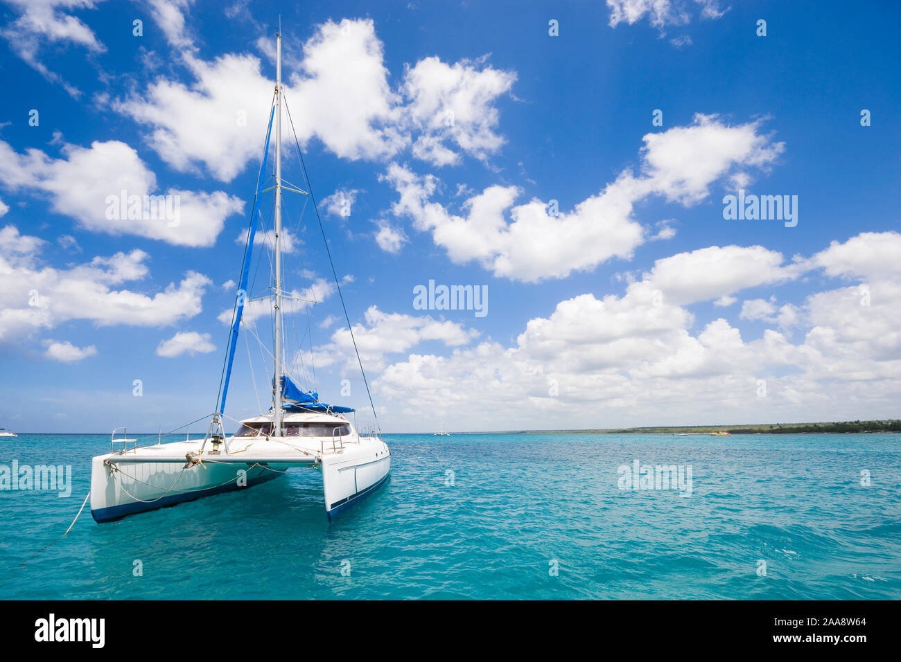 Luxury yacht anchored on turquoise water of Caribbean Sea, Dominican ...