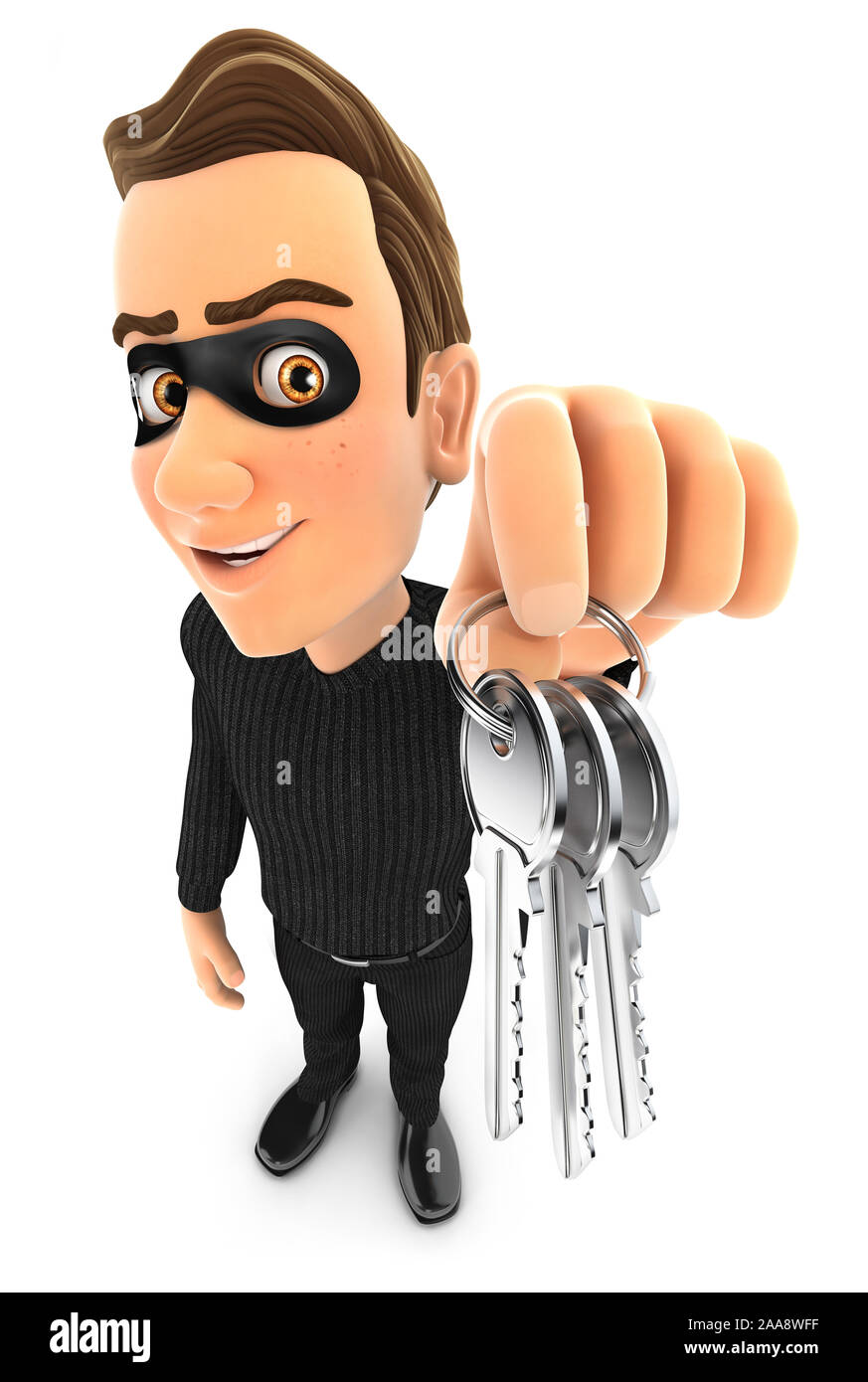 3d thief holding a bunch of keys, illustration with isolated white ...