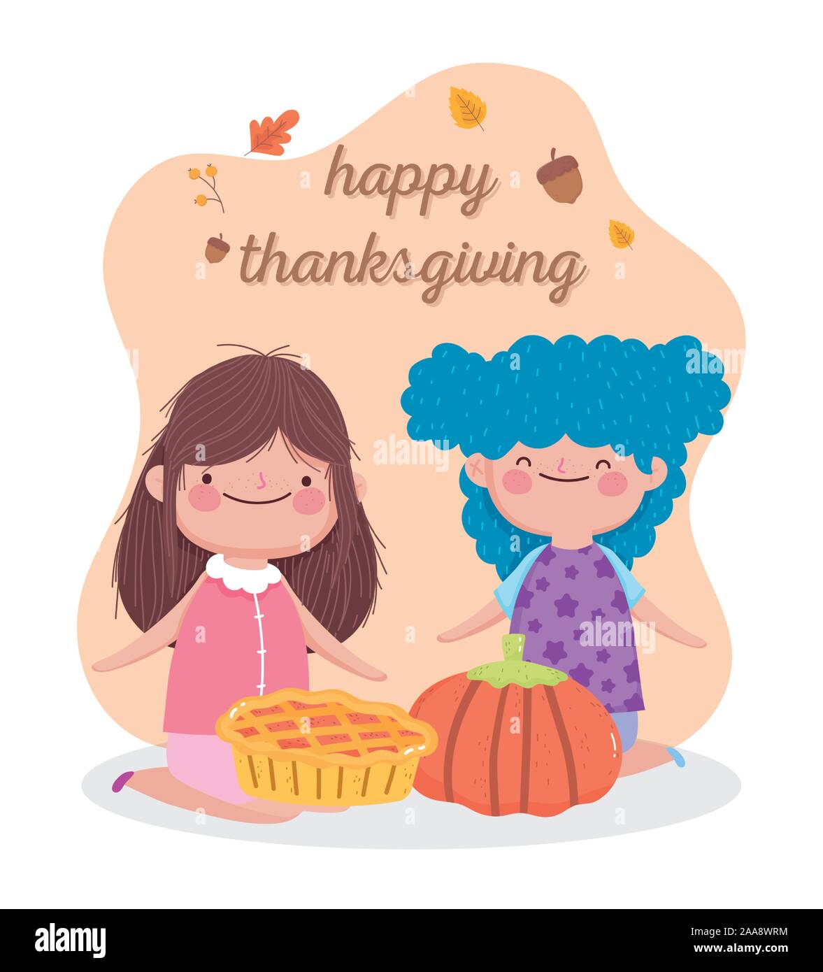 happy thanksgiving day cute little girls with pie and pumpkin vector ...