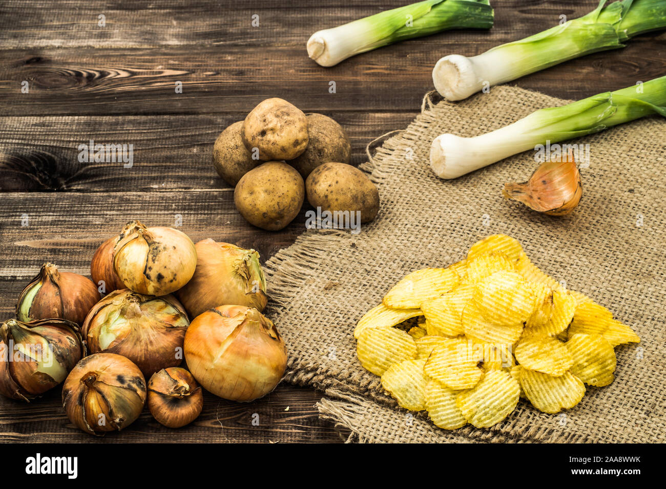 Heap of potato chips, onion flavor on rustic background Stock Photo - Alamy