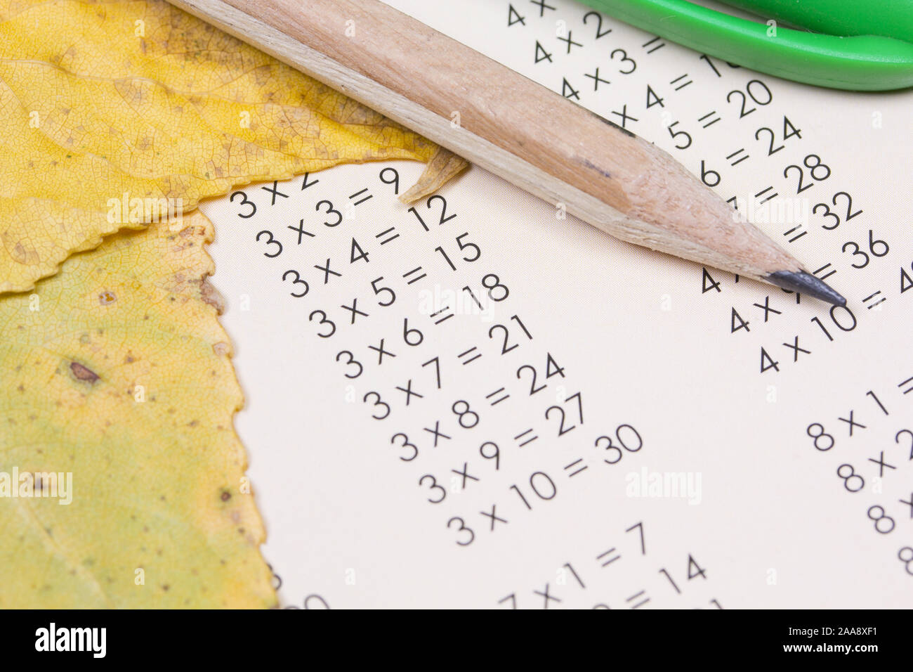 multiplication table, yellow autumn leaves and pencil Stock Photo - Alamy