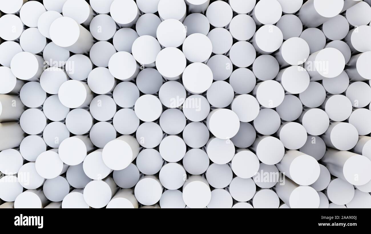 Abstract 3D illustration of white cylinders background. Random displacement. Good background ...