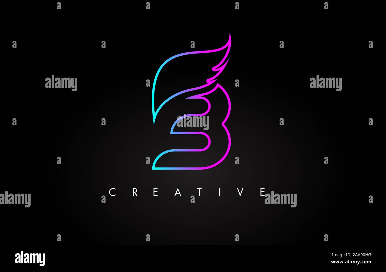 Neon B Letter Logo Icon Design with Creative Wing in Blue Purple ...