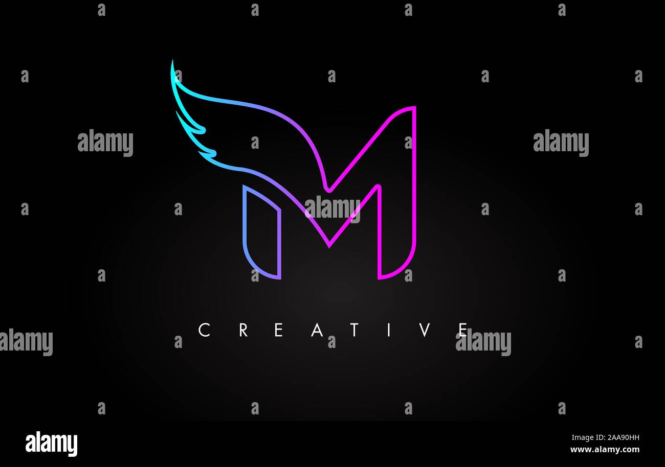 Neon M Letter Logo Icon Design with Creative Wing in Blue Purple ...