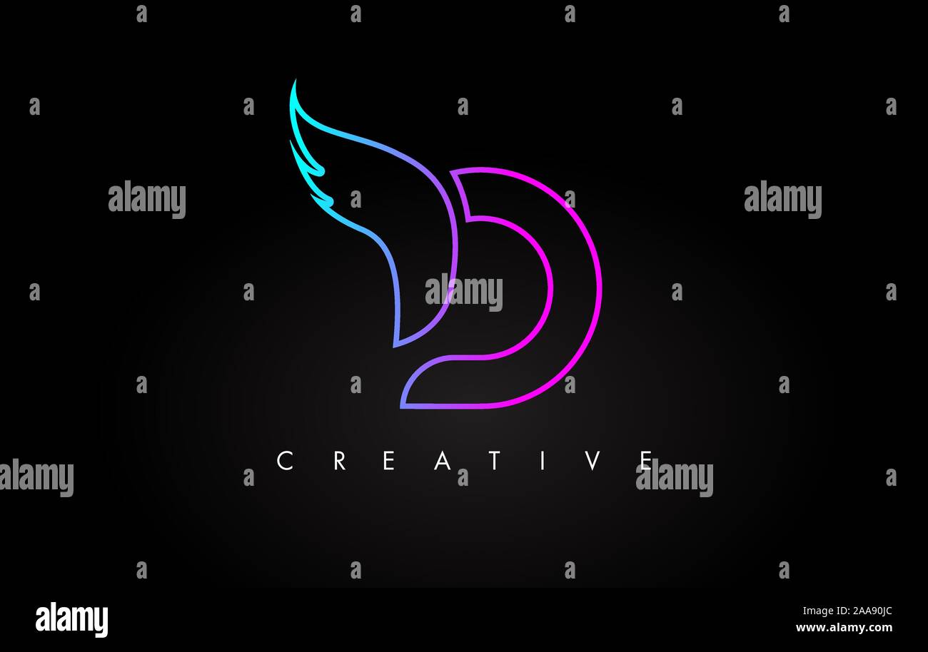 Neon D Letter Logo Icon Design with Creative Wing in Blue Purple ...
