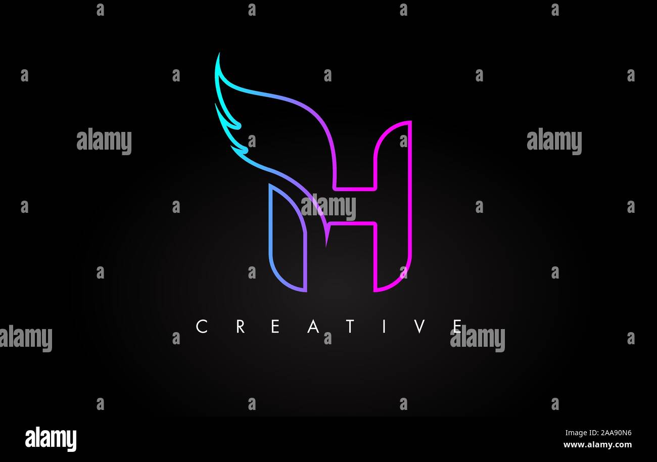 Neon H Letter Logo Icon Design with Creative Wing in Blue Purple ...