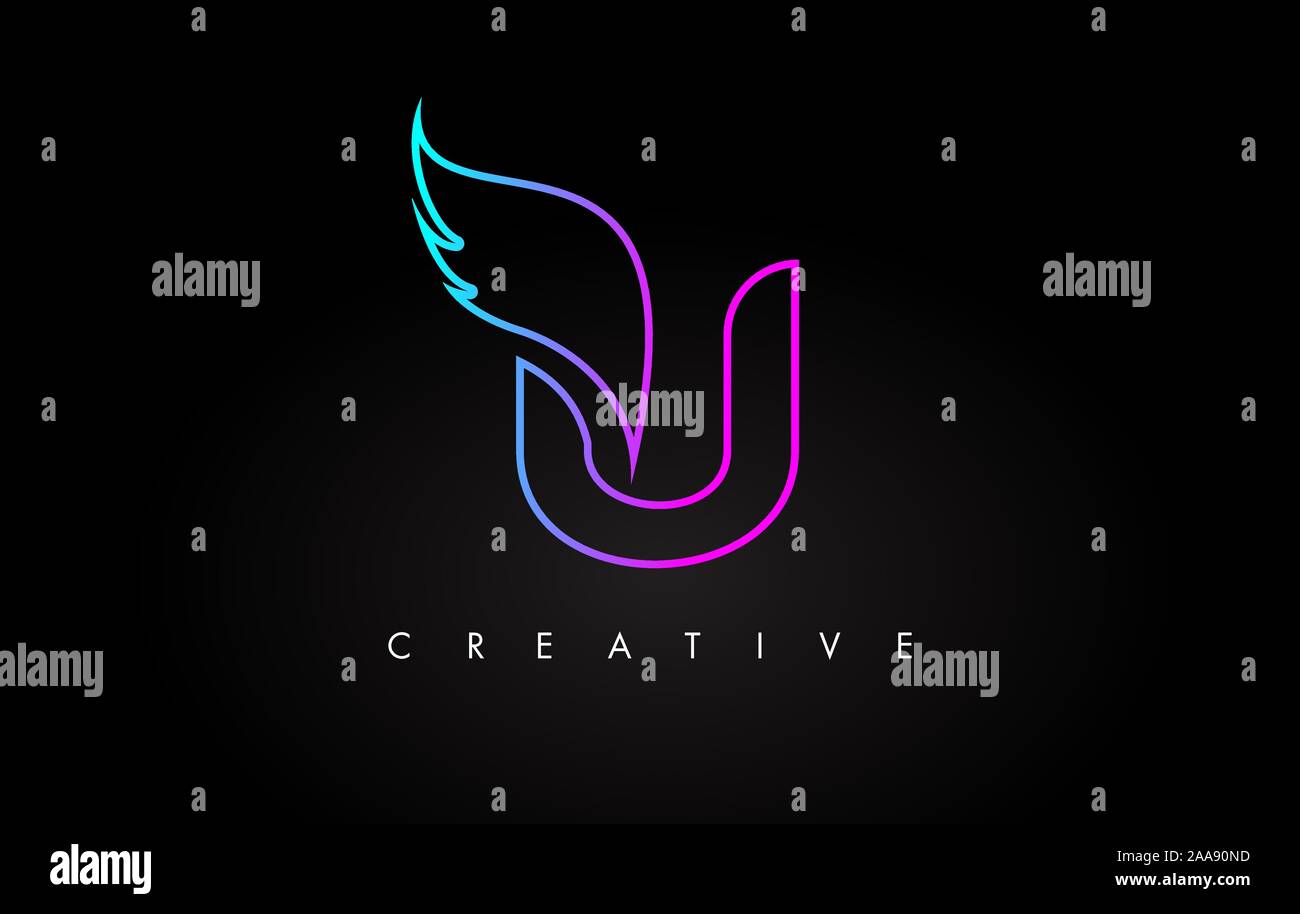 Neon U Letter Logo Icon Design with Creative Wing in Blue Purple ...