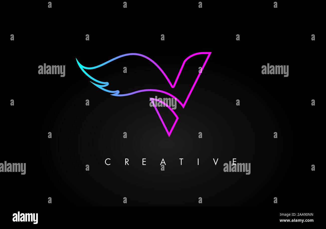 Neon V Letter Logo Icon Design with Creative Wing in Blue Purple ...
