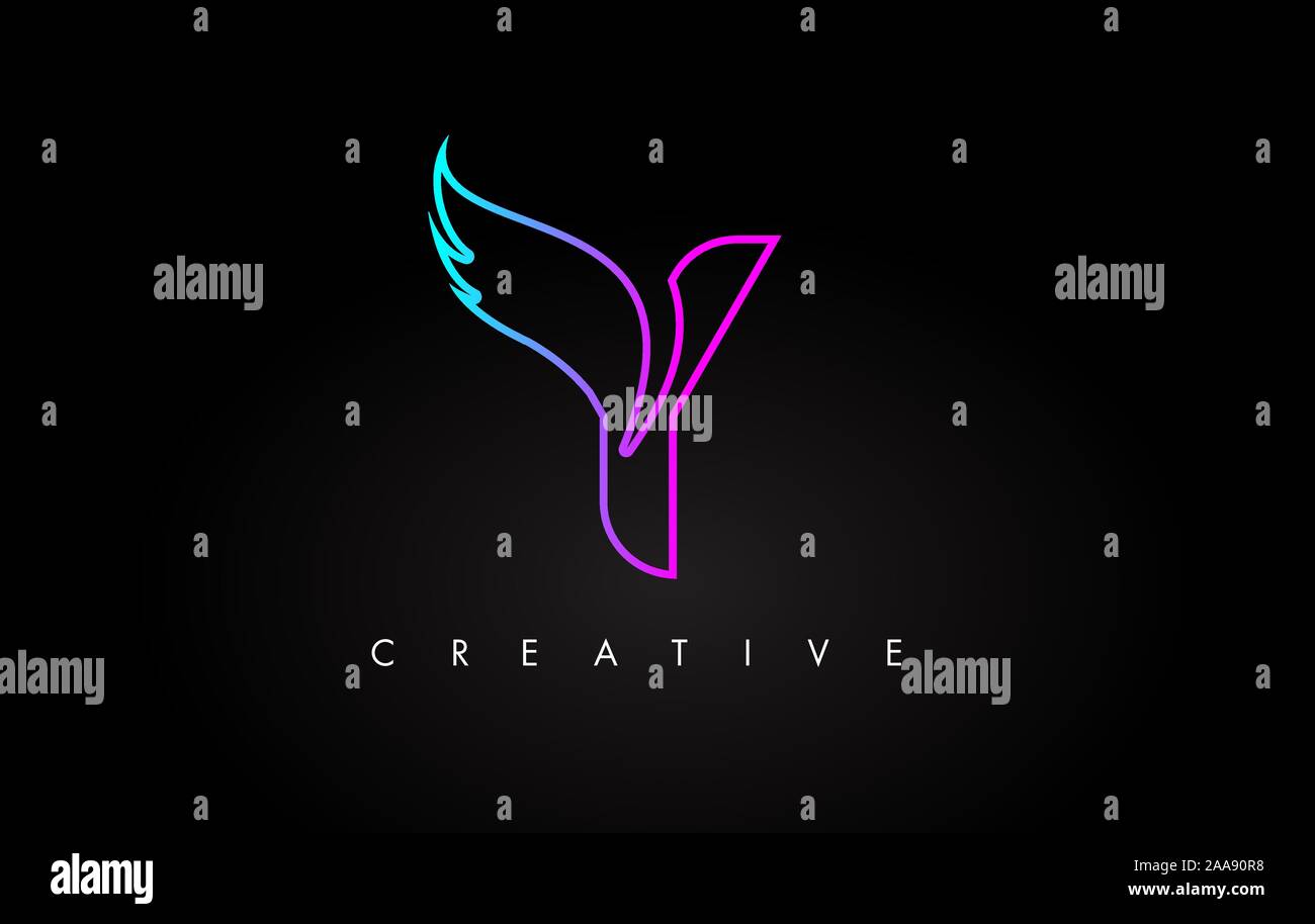 Neon Y Letter Logo Icon Design with Creative Wing in Blue Purple ...