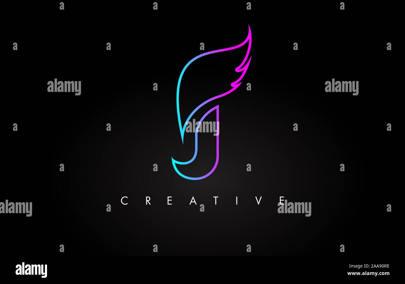 Neon J Letter Logo Icon Design with Creative Wing in Blue Purple ...