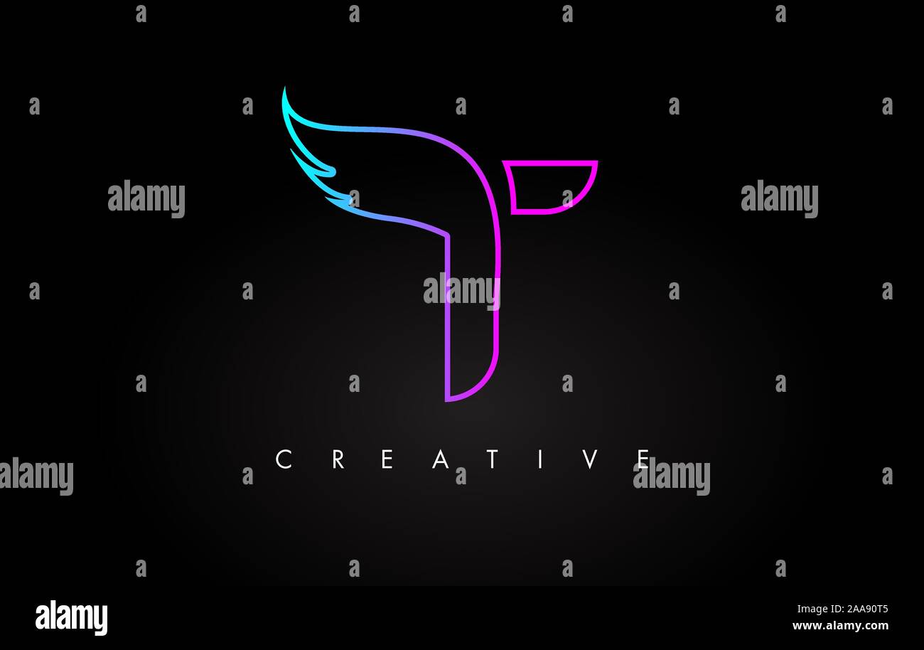 Neon T Letter Logo Icon Design with Creative Wing in Blue Purple ...