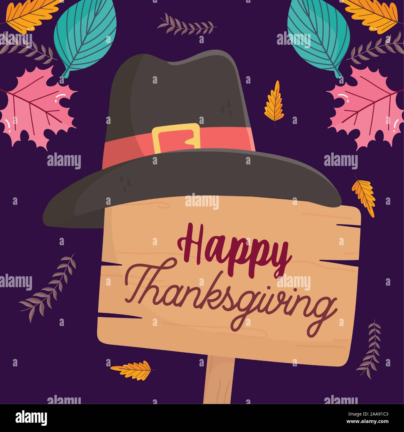 happy thanksgiving day wooden sign pilgrim hat fall foliage vector illustration Stock Vector ...