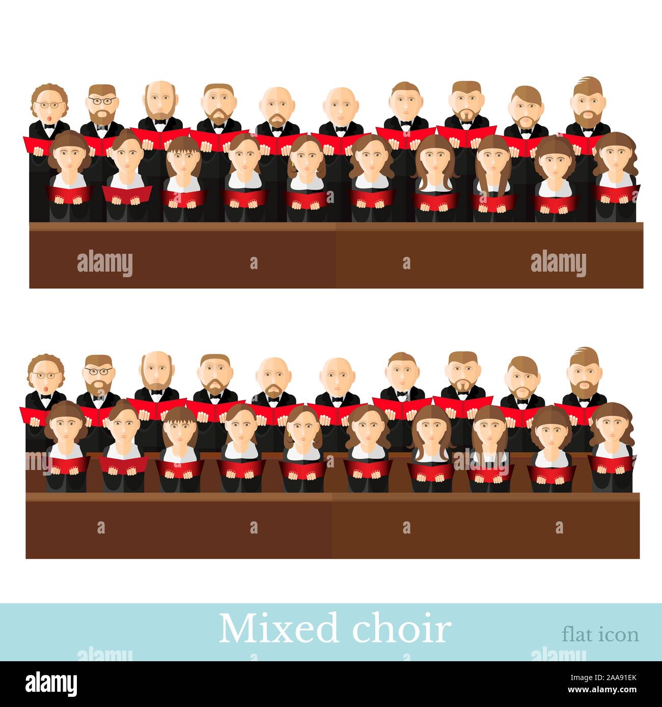 Flat style big mixed choir in two raws with black suits and red cover ...