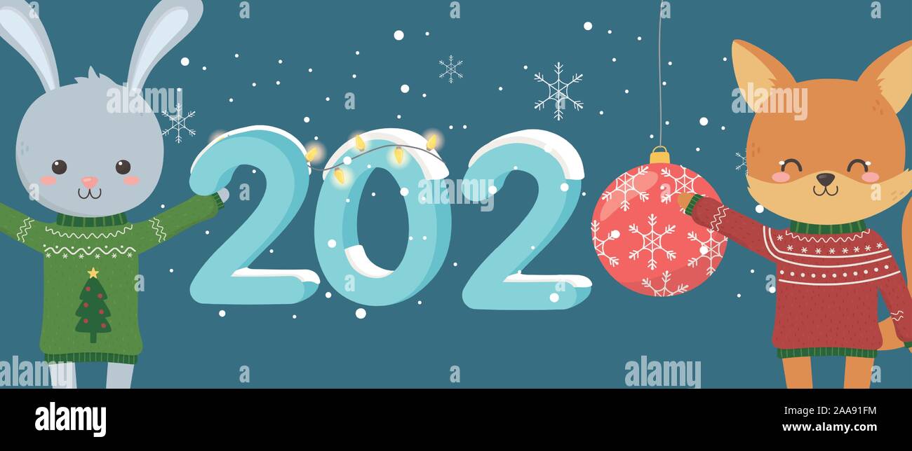 happy new year 2020 celebration cute rabbit fox with ugly sweater ...