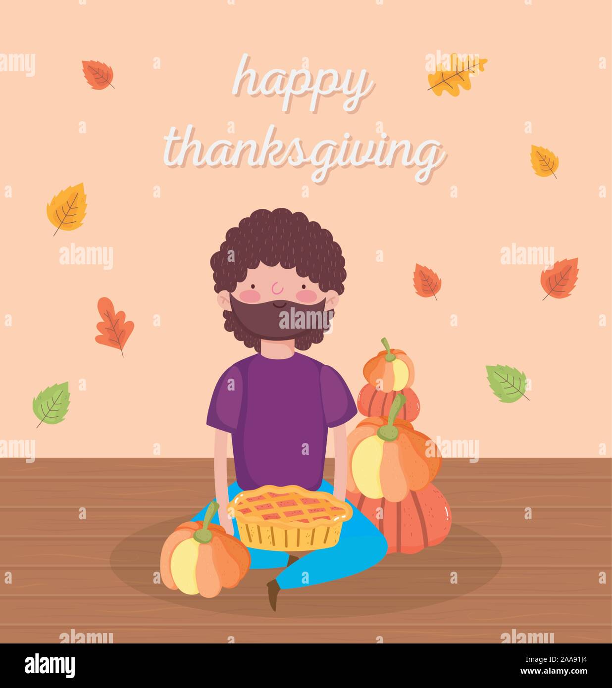happy thanksgiving day man sitting with many pumpkins and cake vector ...