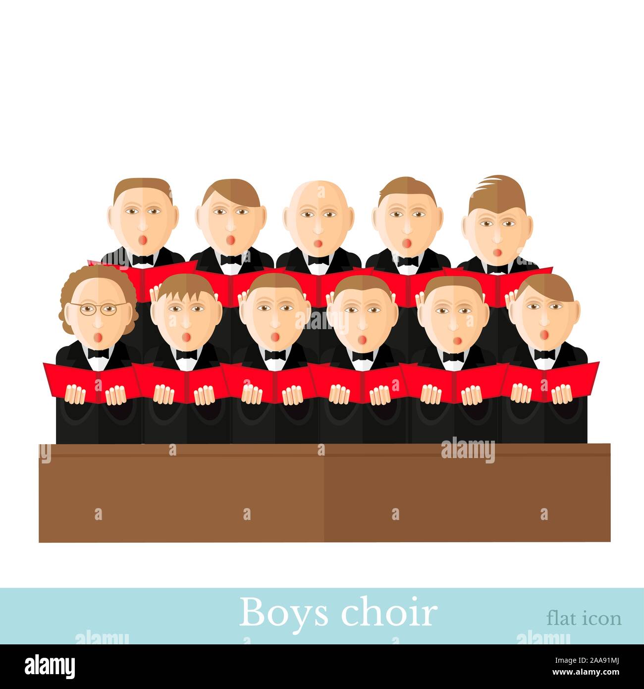 Flat style boys choir in two raws with black suits and red cover notes ...