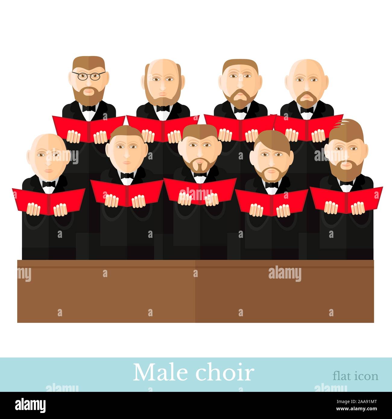 Flat style male choir in two raws with black suits and red cover notes ...