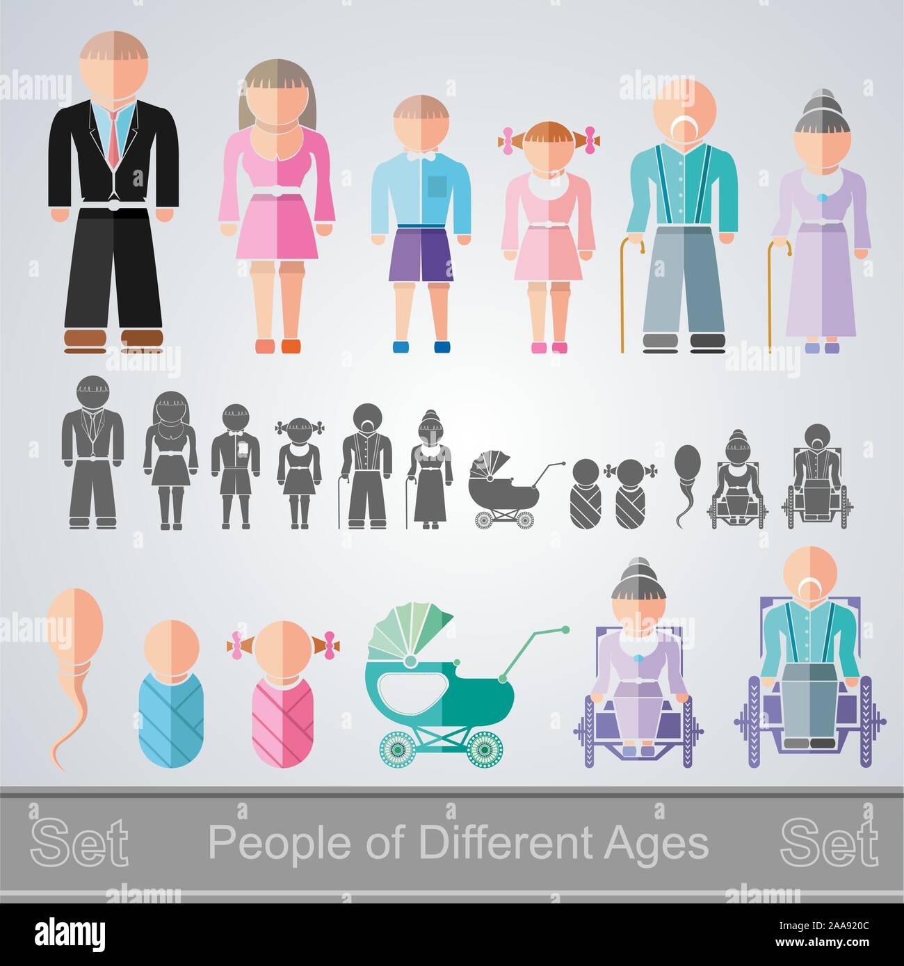 set of flat design different age isolated people from infant to retiree ...