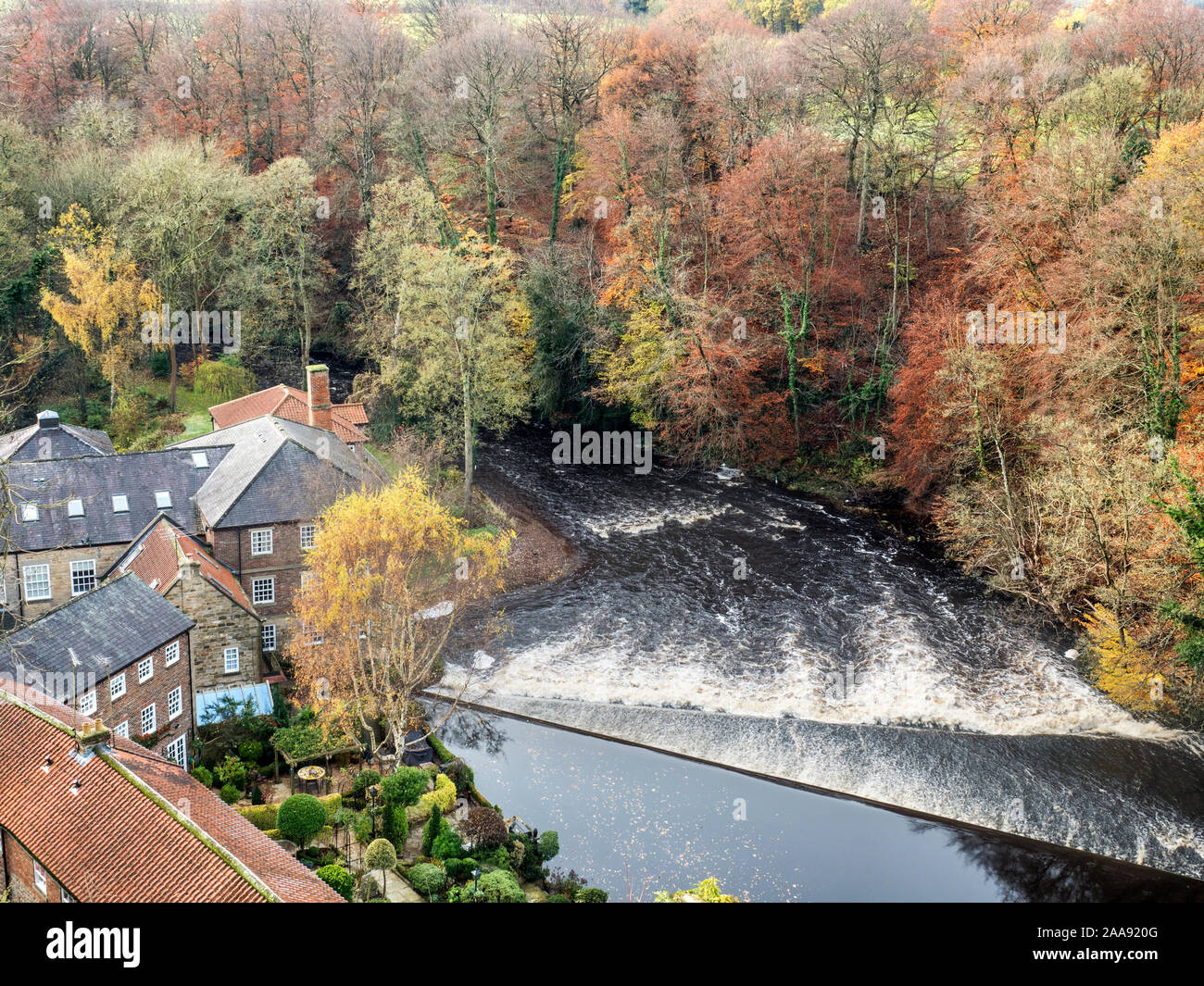 Castle Mills and the weir on the River Nidd in autumn at Knaresborough ...