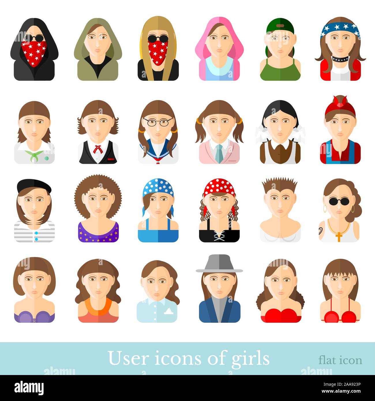 Set of women icons in flat style. Different age and style of youth ...