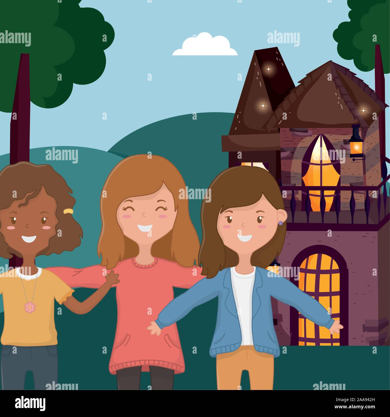 group of women hugging in front of the country house vector ...