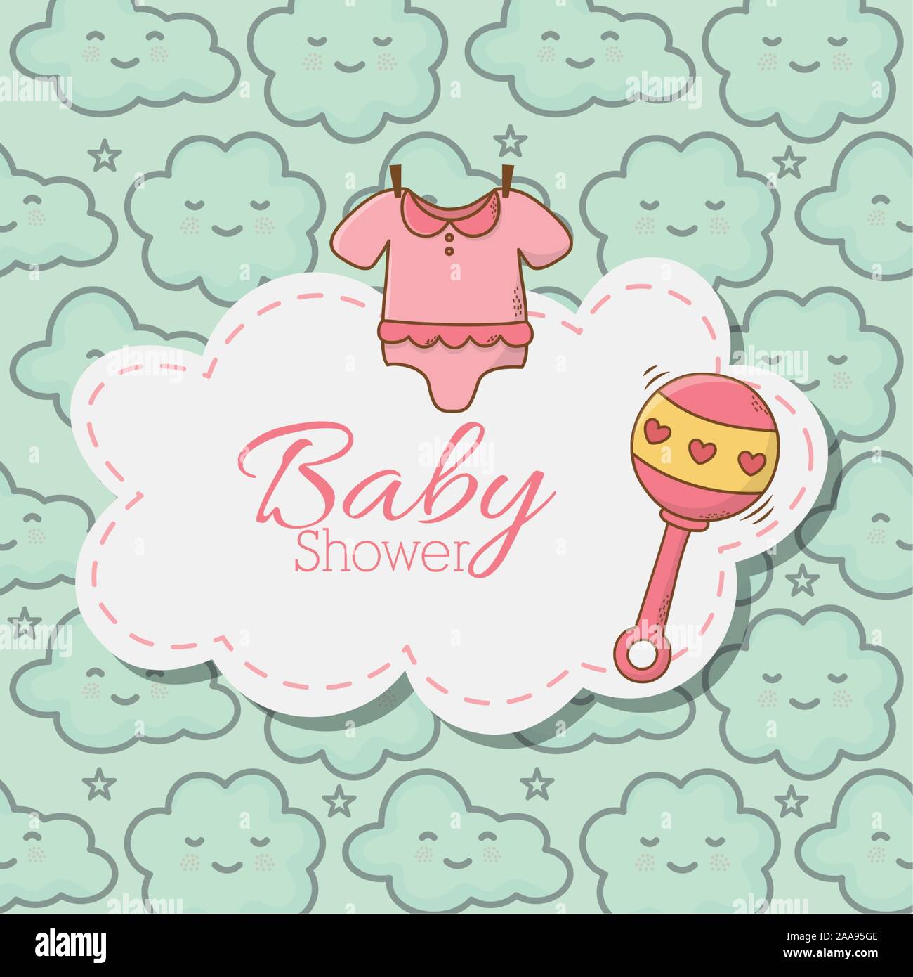 baby shower pink bodysuit rattle sticker clouds background vector ...