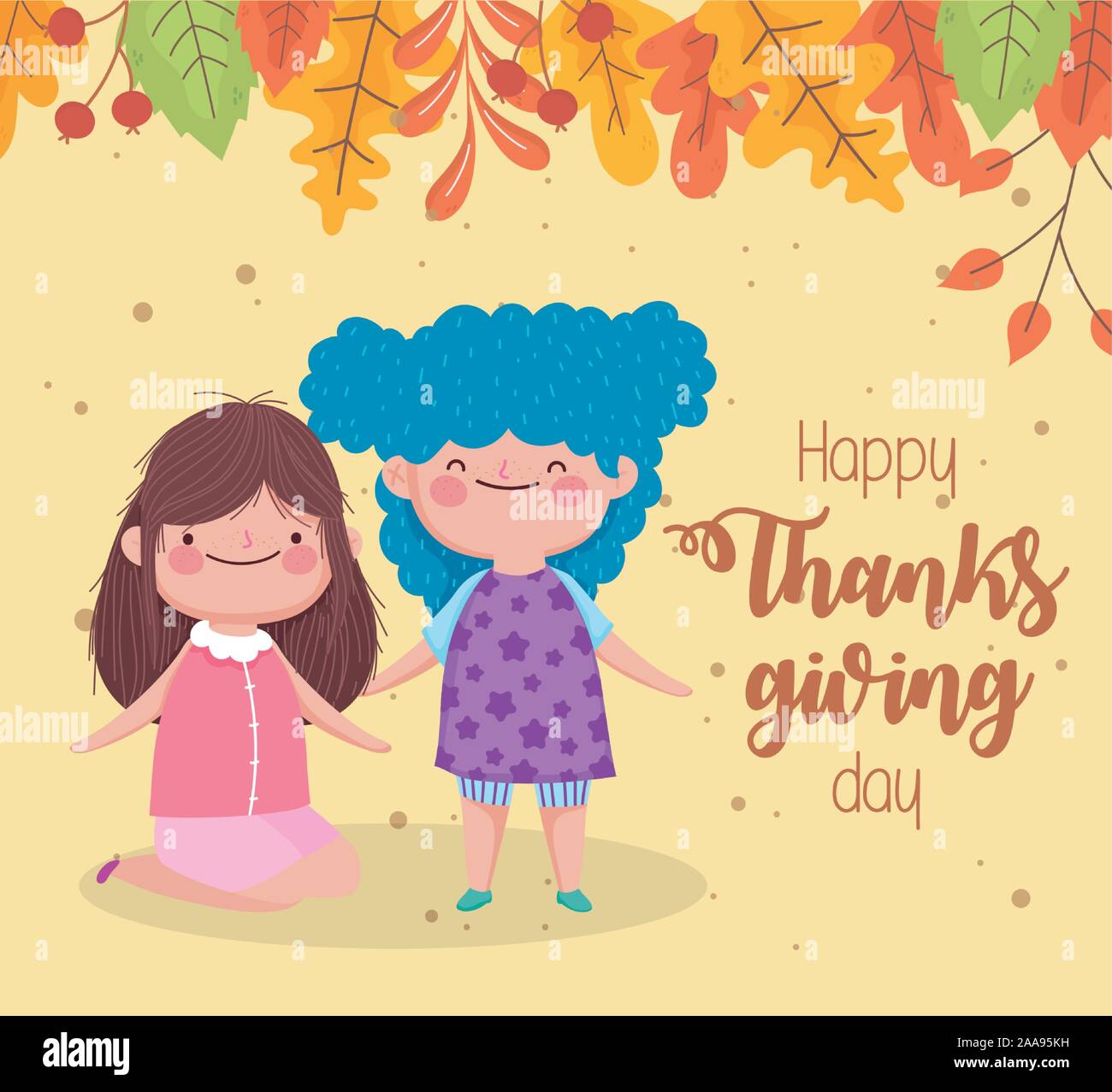 happy thanksgiving day cute little girls fall leaves celebration vector ...