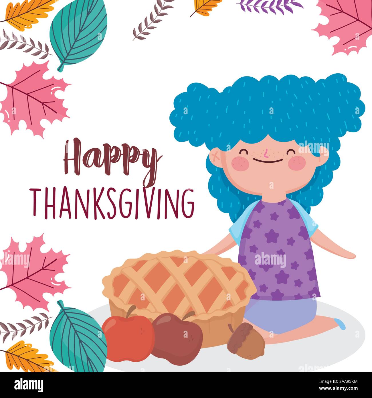 happy thanksgiving day smiling girl with cake apples acorn fall leaves ...