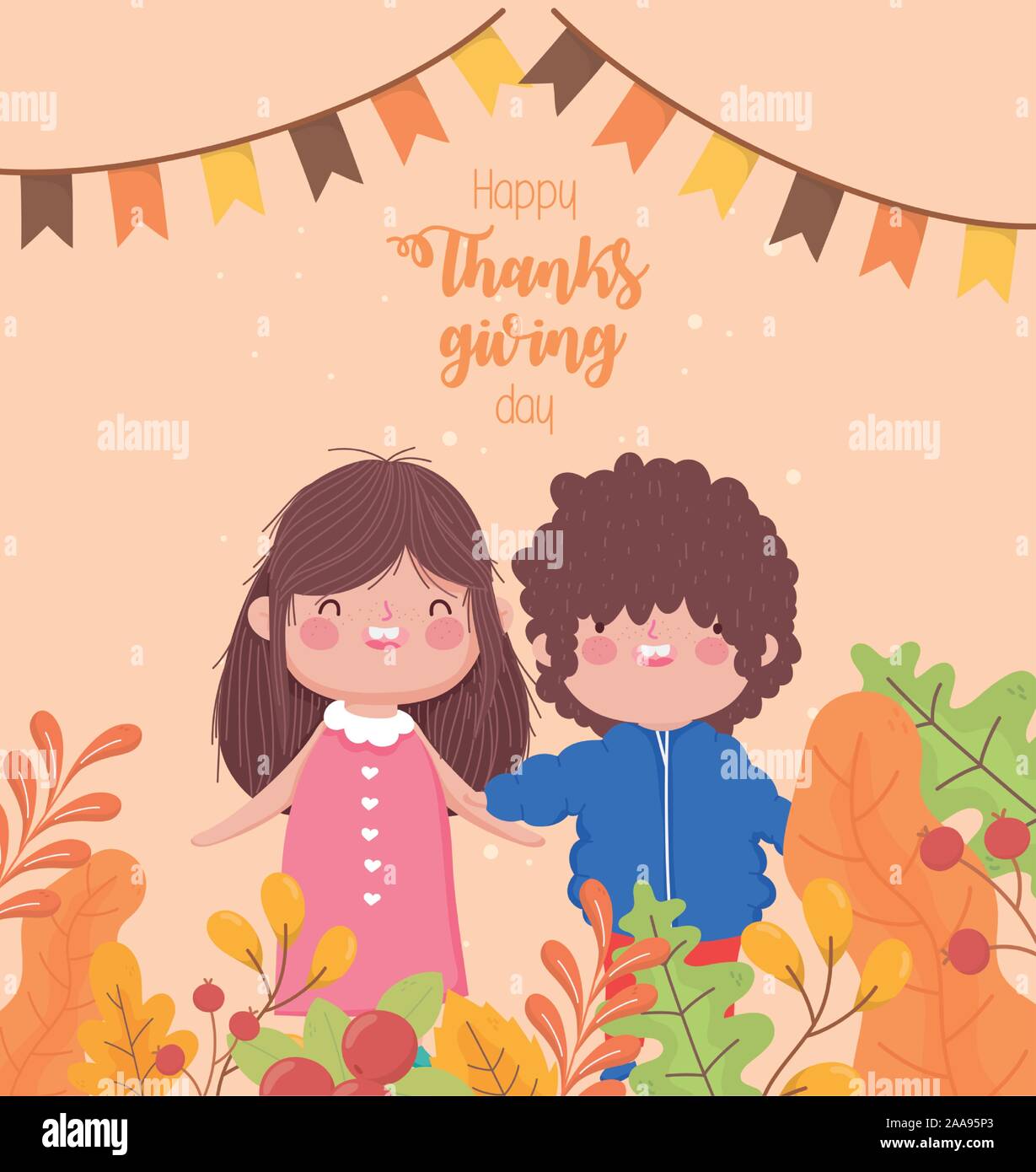 happy thanksgiving day cute girl and boy garland decoration leaves ...