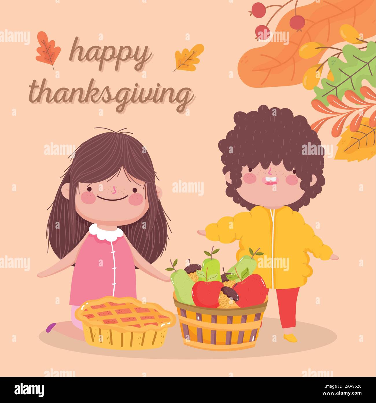 happy thanksgiving day cute girl and boy pie and filled basket fruits ...