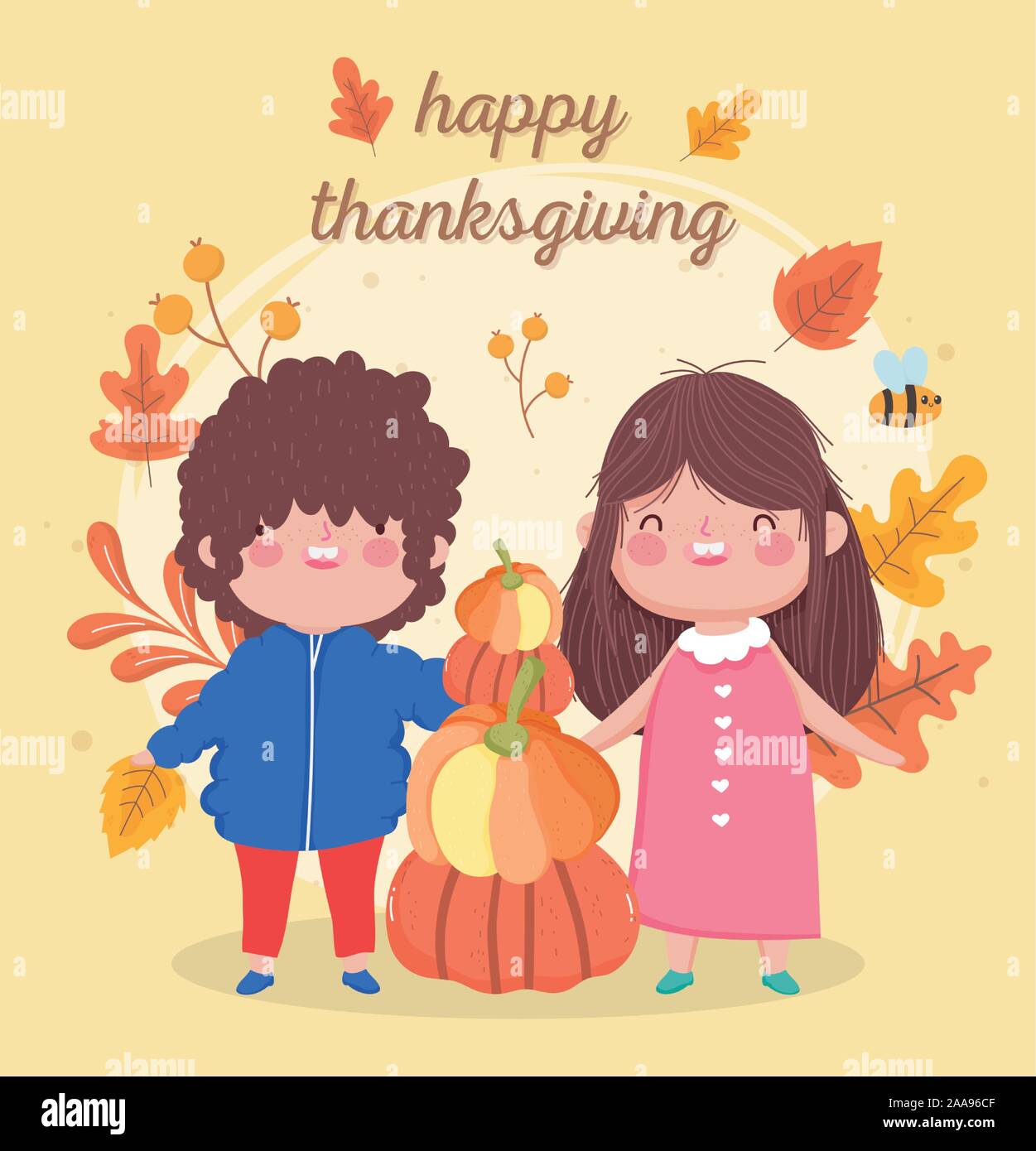 happy thanksgiving day cute boy and girl with pile pumpkins leaves ...