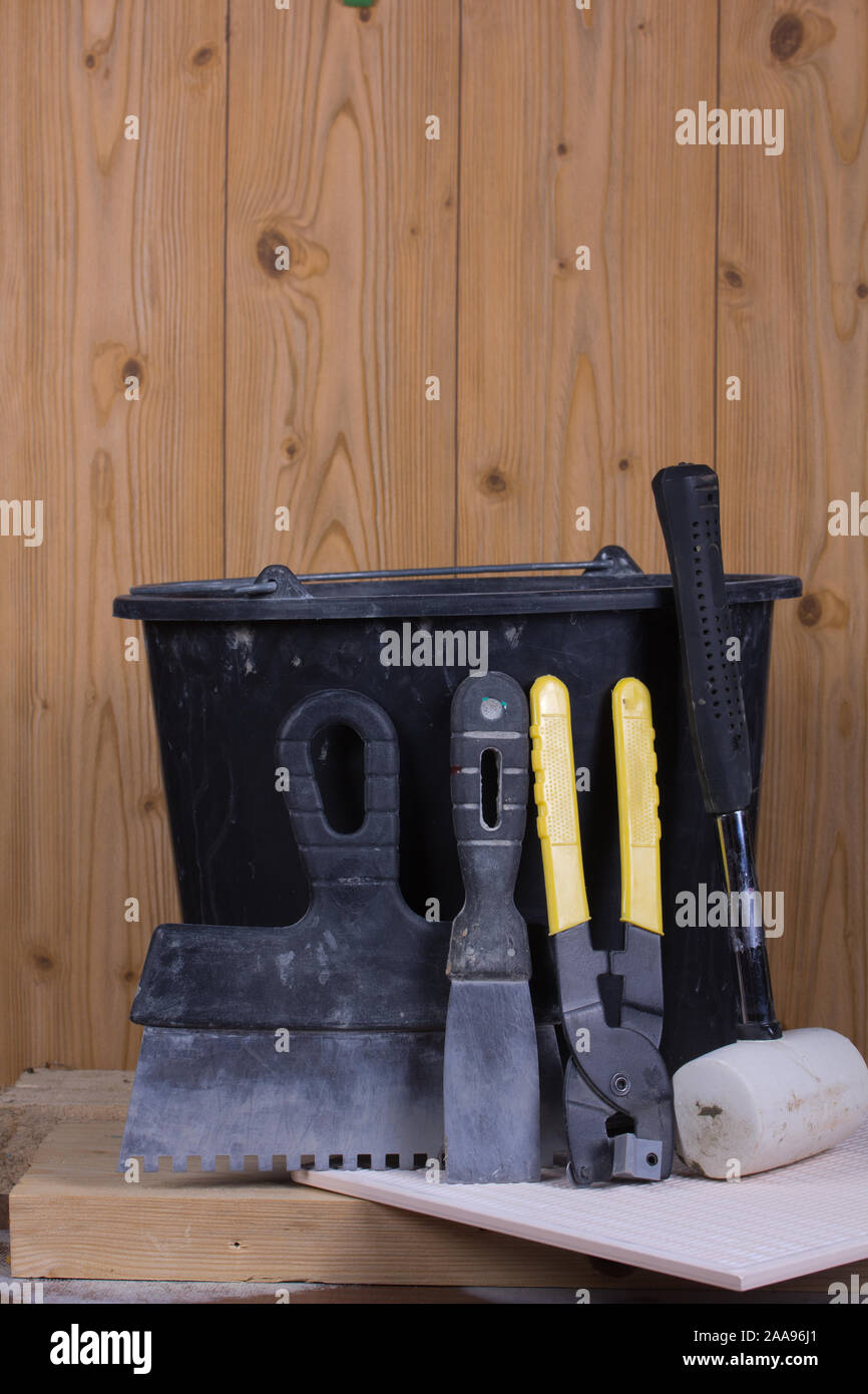 set of tools for laying tile Stock Photo - Alamy