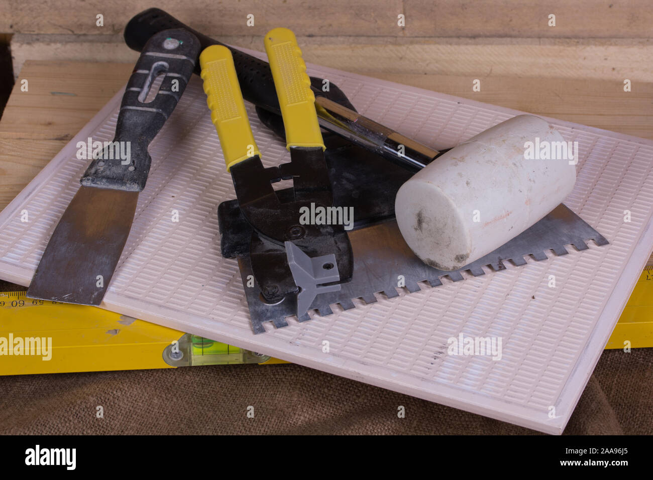 set of tools for laying tile Stock Photo - Alamy