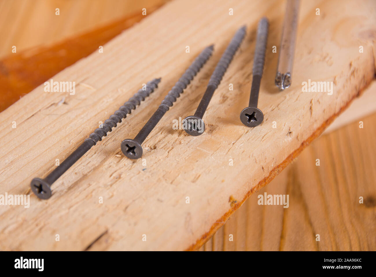 Self-tapping screw and wooden planks Stock Photo - Alamy