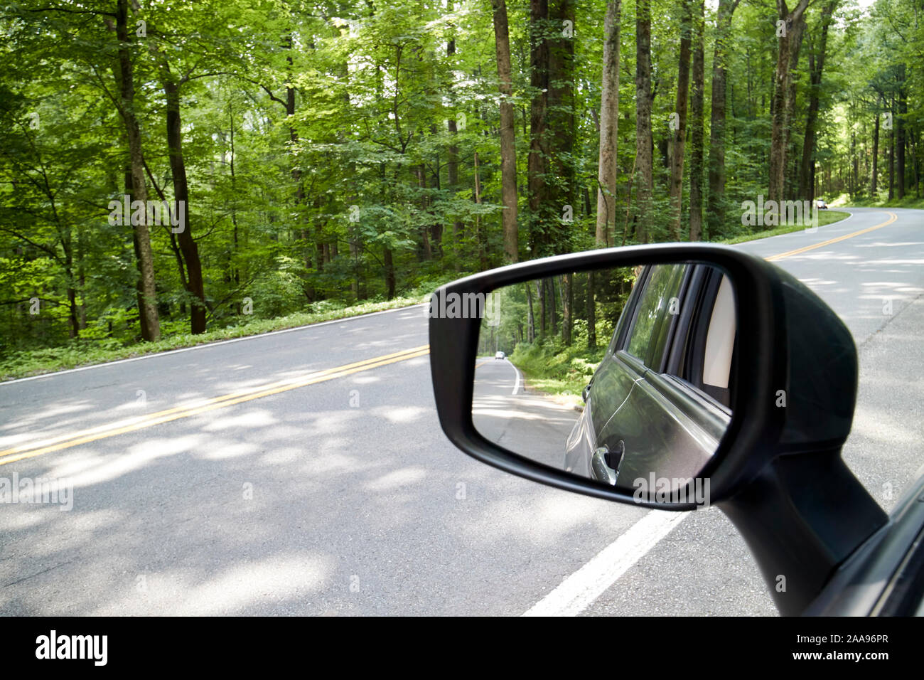 looking at side view mirror parkway us 441 highway route through great ...