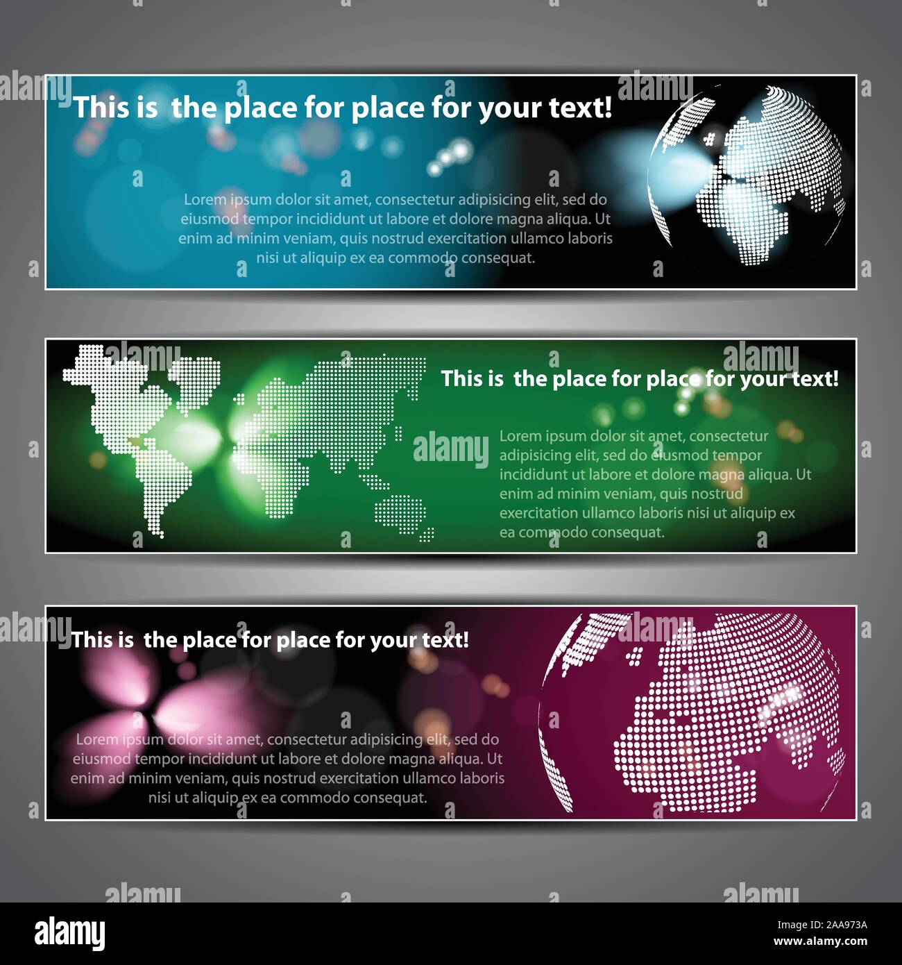 Earth Globe, Word Map - Set of Three Colorful Horizontal Headers or ...