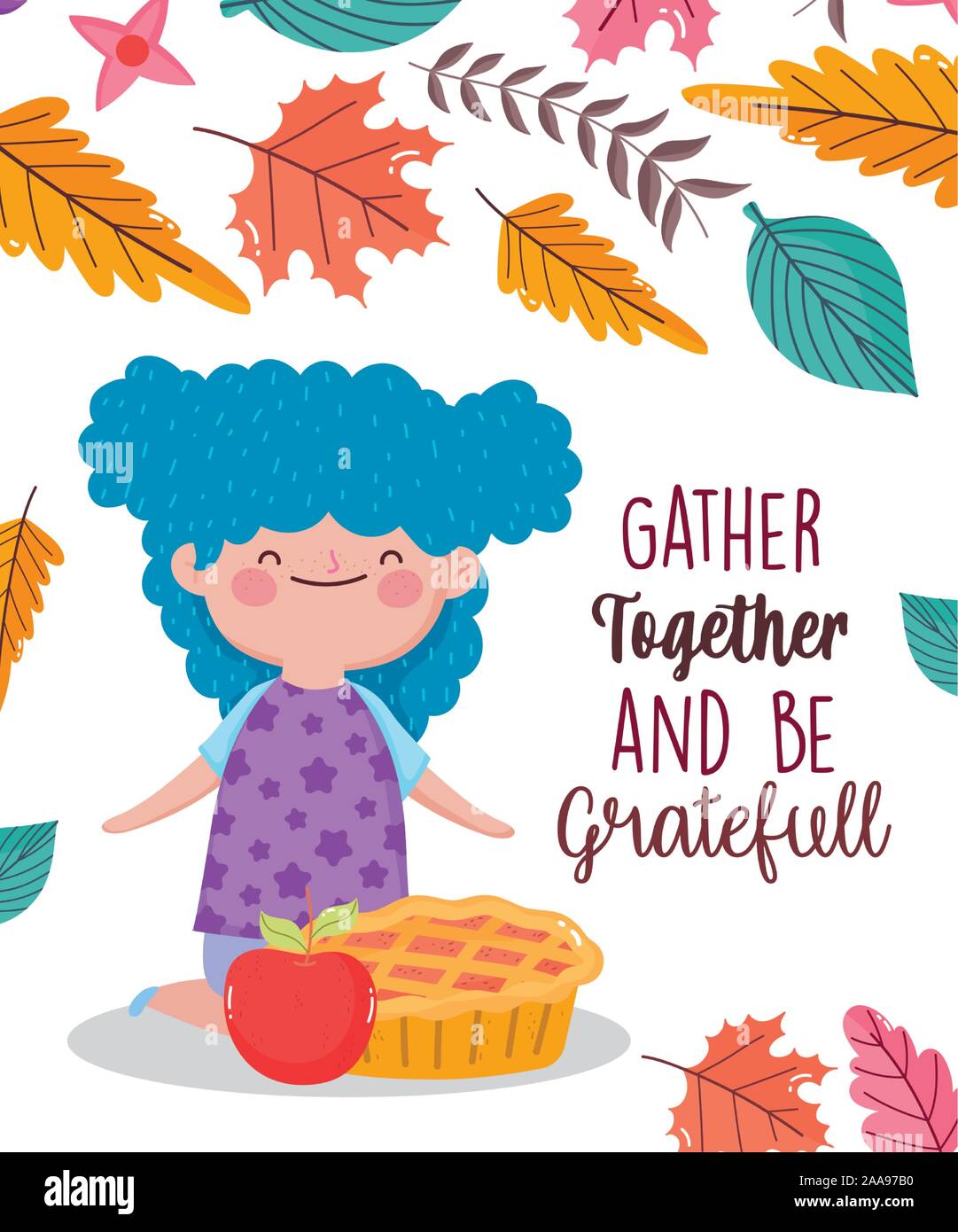 happy thanksgiving day smiling girl with cake apples fall leaves vector ...