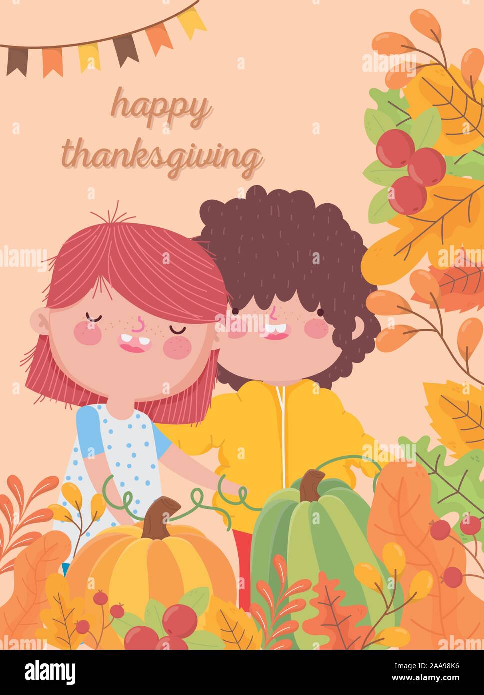happy thanksgiving day cute boy and girl harvest pumpkin fall leaves ...