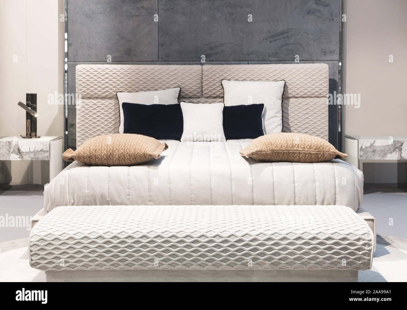 classic interior design bedroom beige gray and blue, Interior of a ...