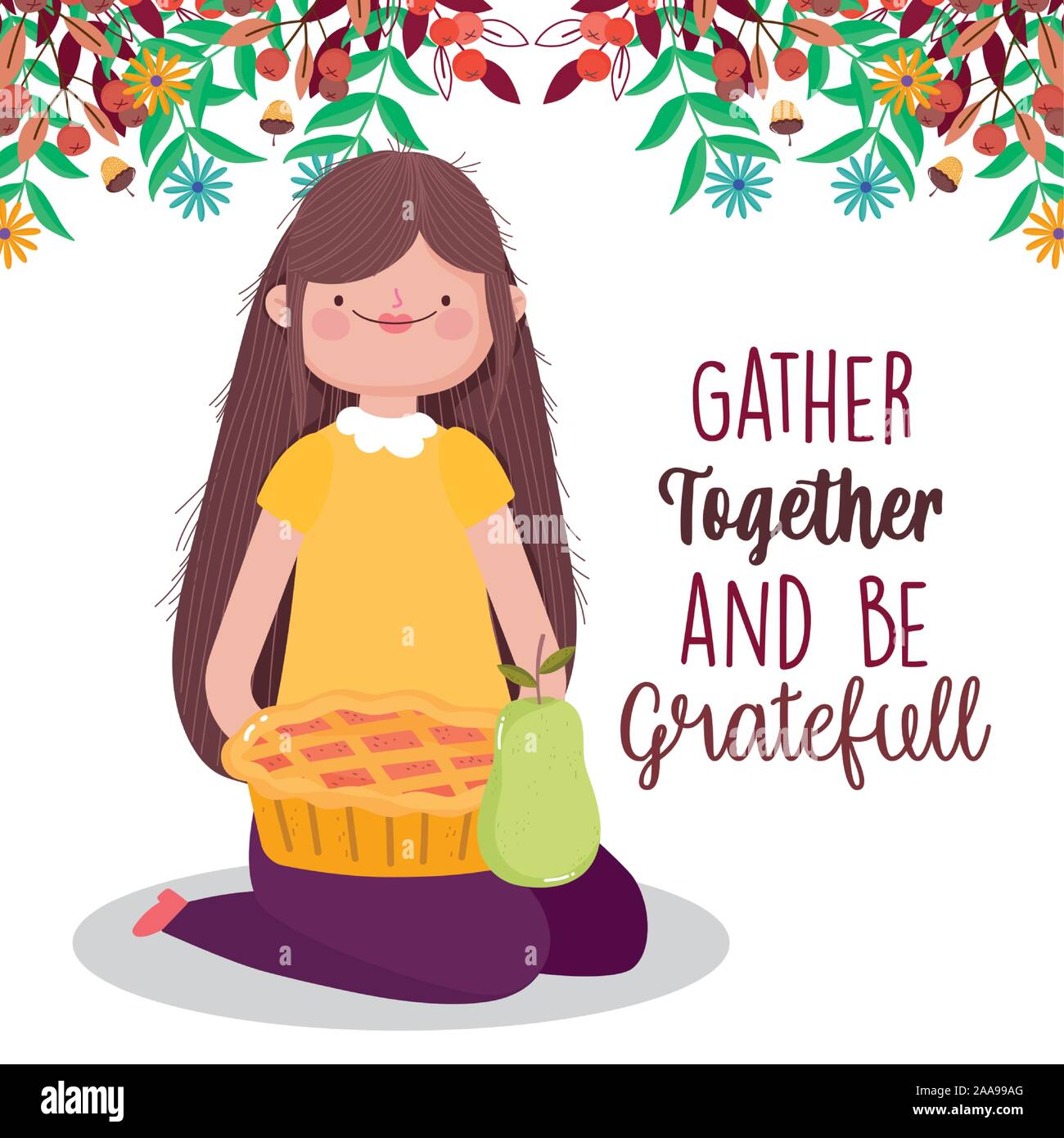 happy thanksgiving day woman on the knees with cake and pear fall ...