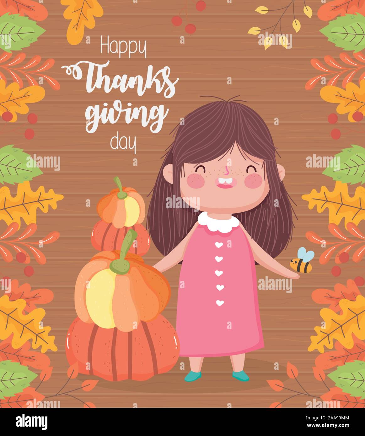 happy thanksgiving day cute girl with pumpkins fall leaves wooden ...