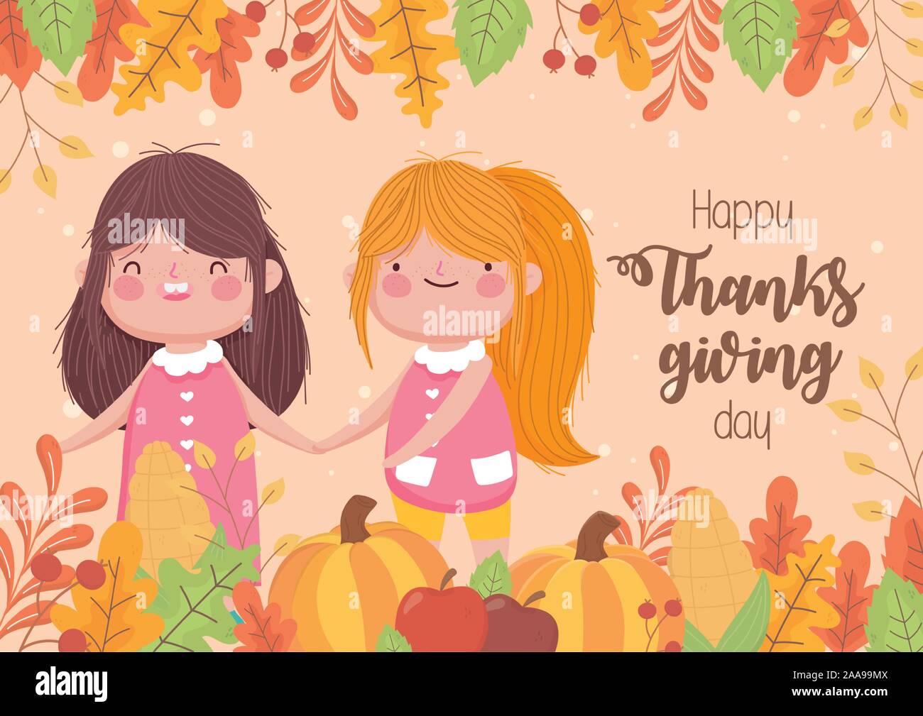 happy thanksgiving day cute little girls with pumpkins and fall foliage ...