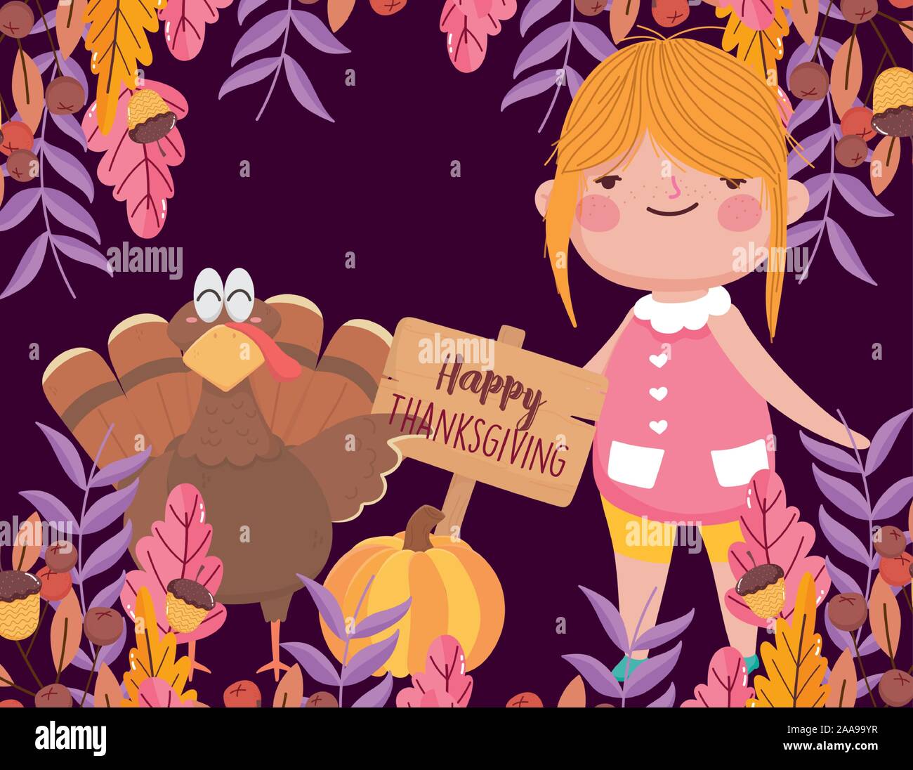 happy thanksgiving day cute girl turkey pumpkin decoration fall leaves ...