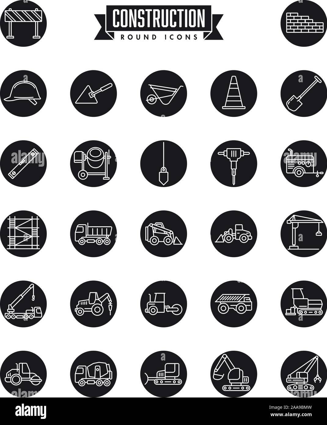 Industrial construction machinery and tools round icon vector ...