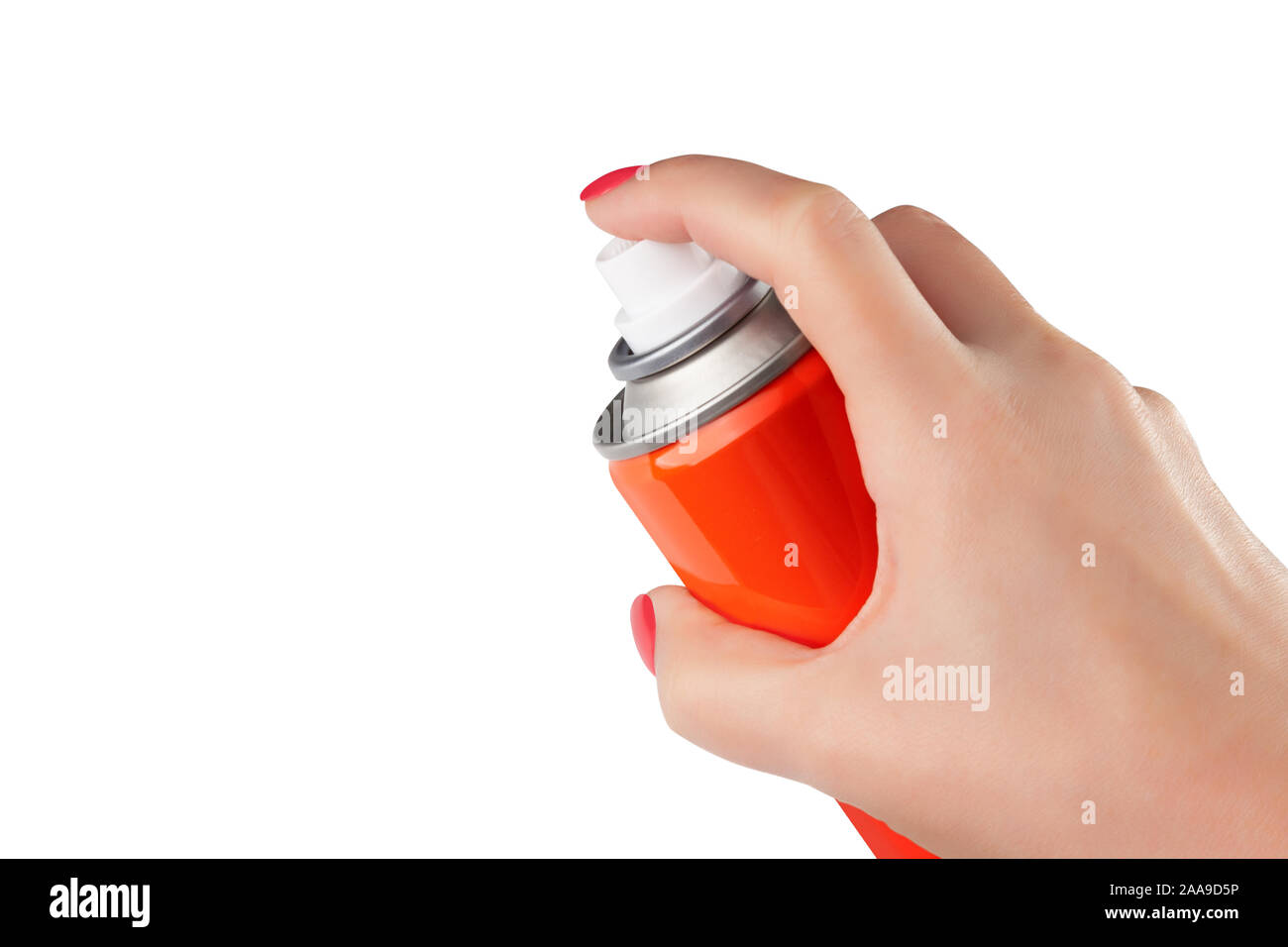 Red spray can isolated on white background on woman hand, Aerosol Spray ...