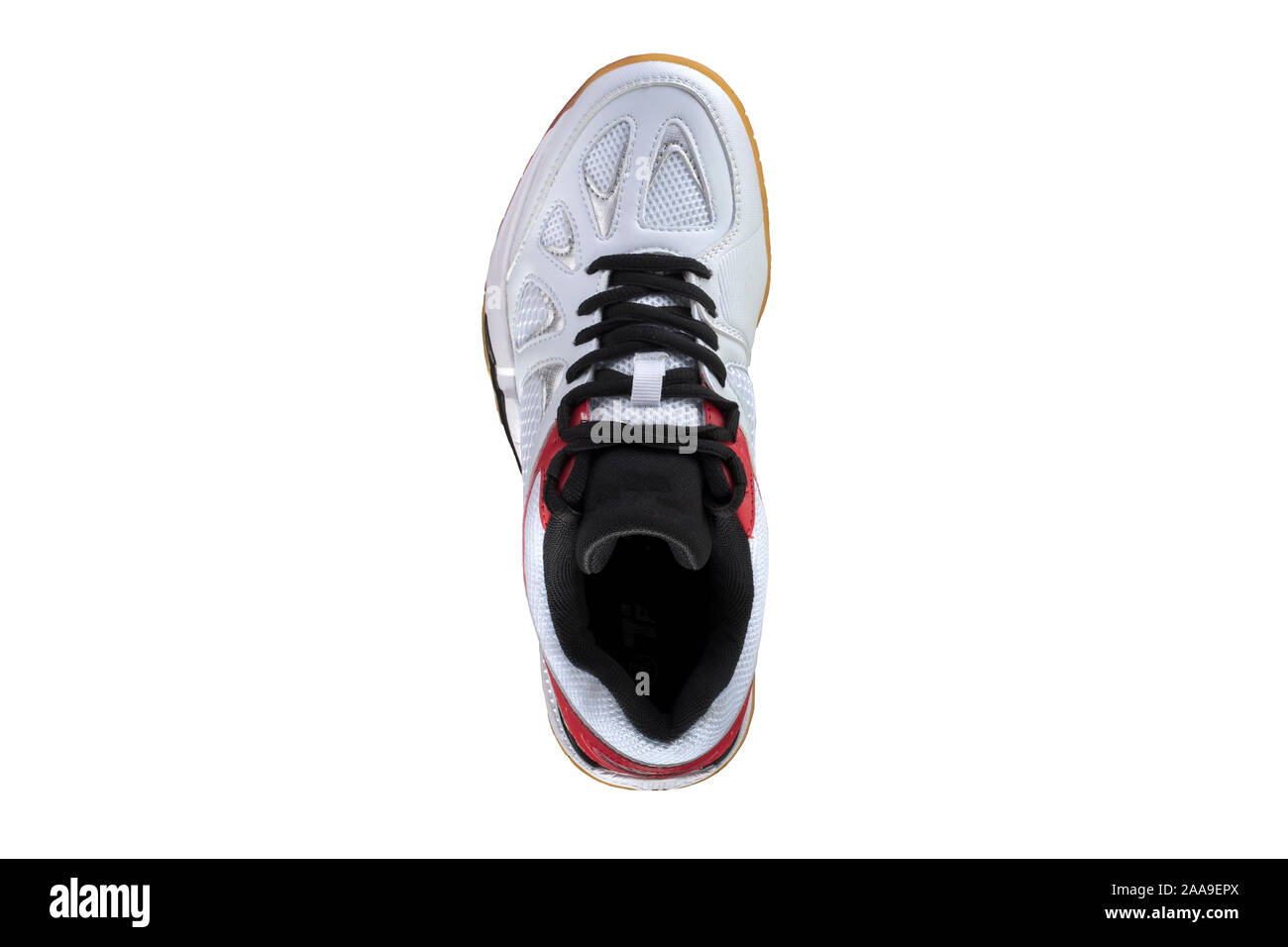 White sneakers with red stripes on a white background. Sport shoes ...