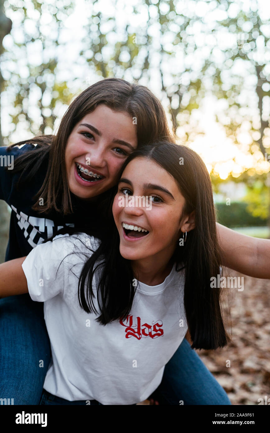Portrait of two young female friends having fun together Stock Photo ...